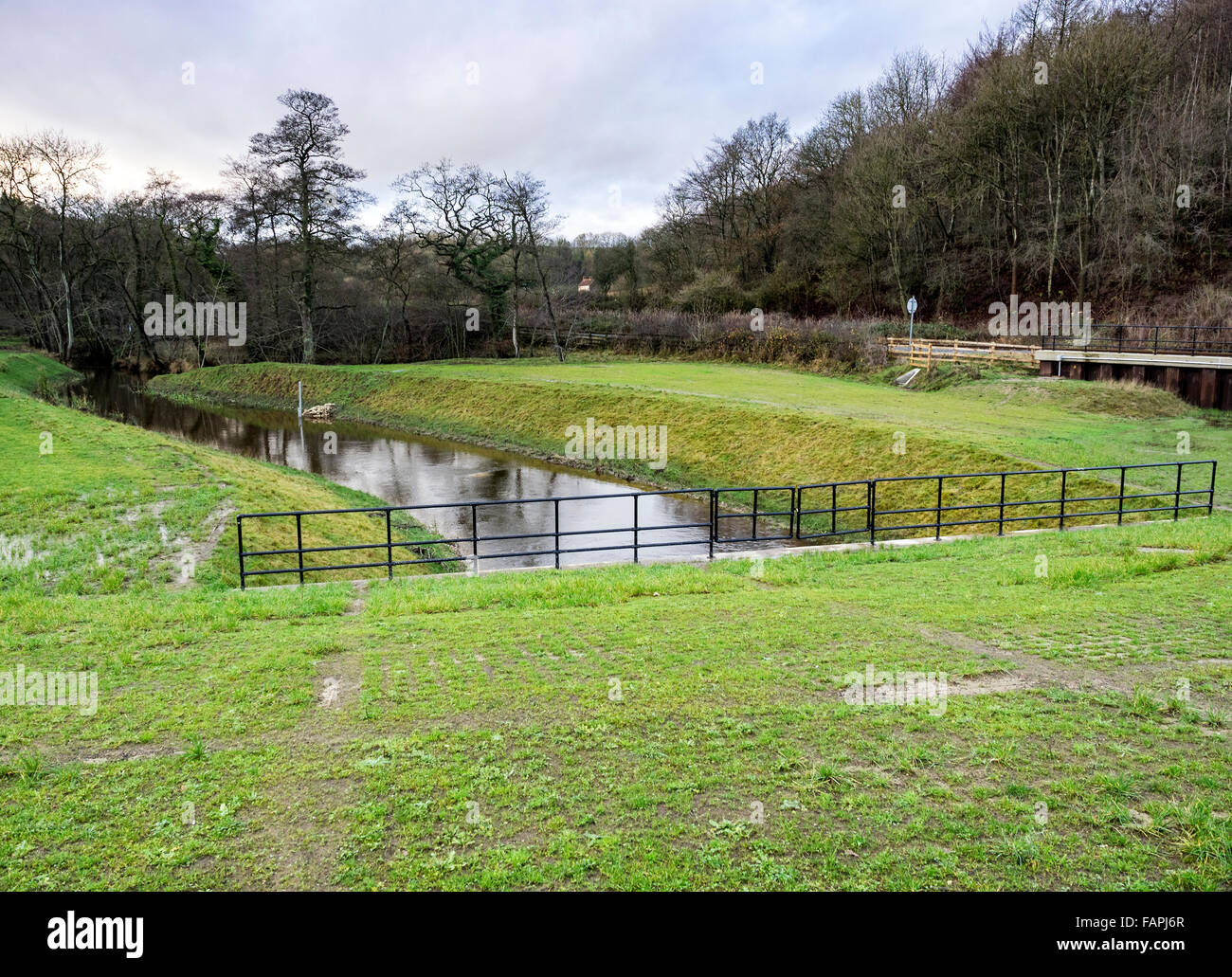 Newbridge, North Yorkshire, UK. Sunday 03 Jan 2016. Flood defences in ...