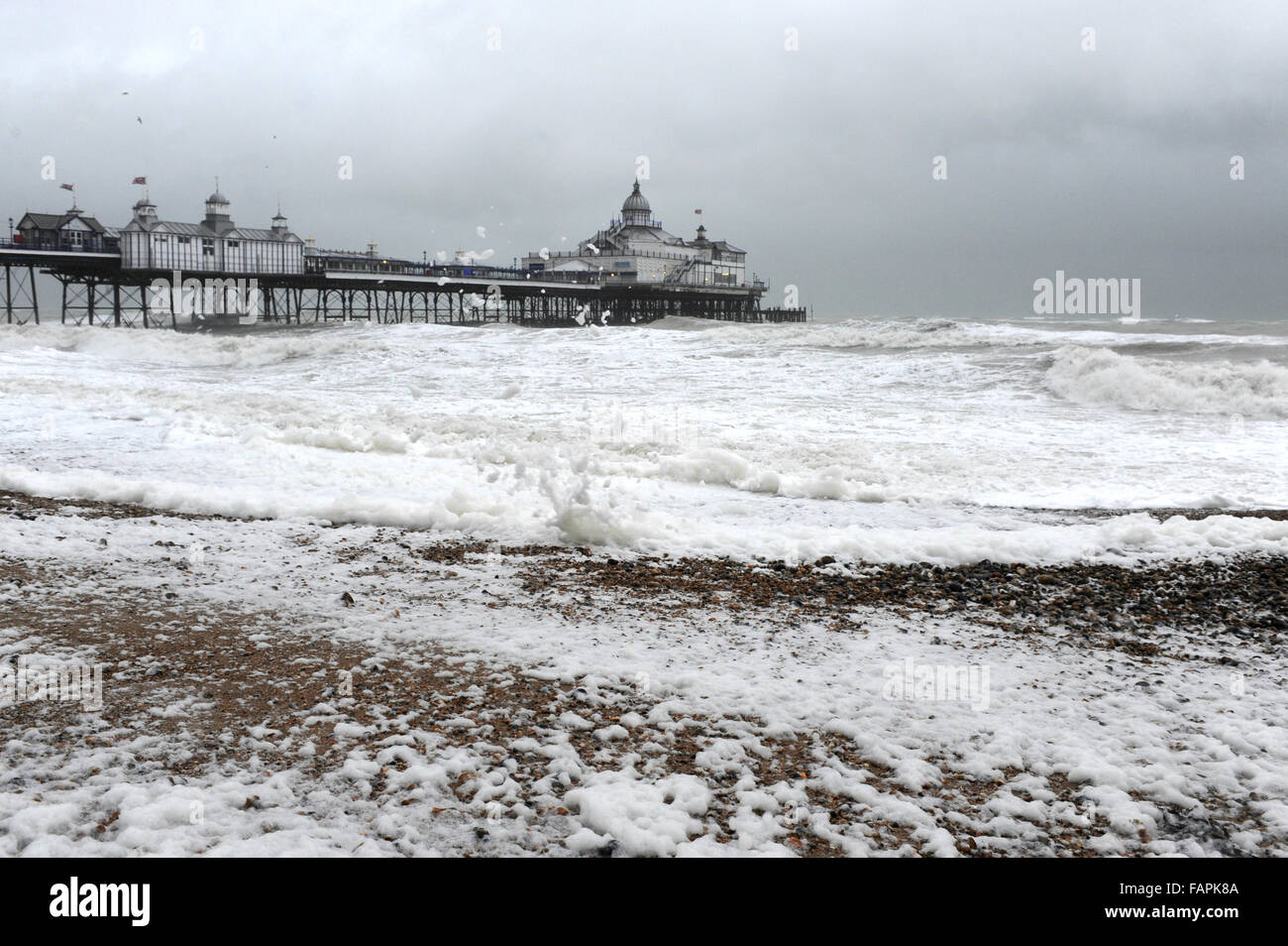 During bad weather and stormy conditions large waves cause foam to ...