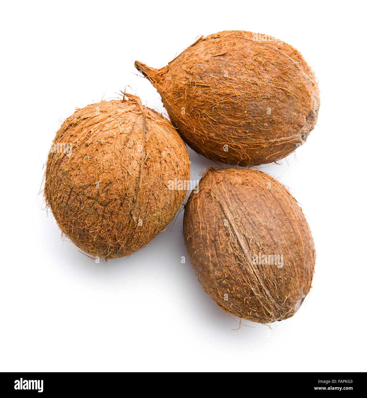 three whole coconuts on white background Stock Photo - Alamy