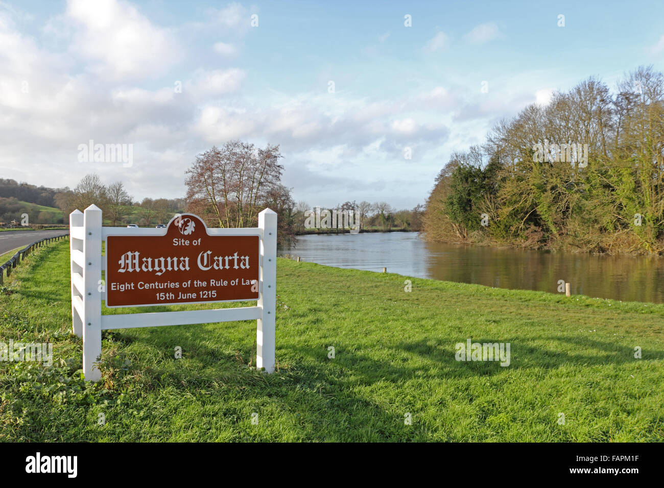 Magna Carta sign beside River Thames at Runnymede England UK Stock ...
