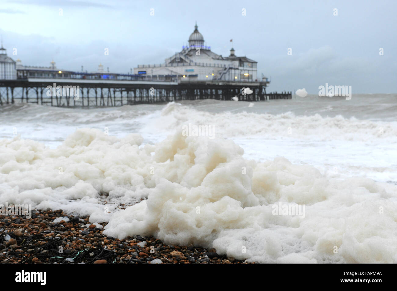During bad weather and stormy conditions large waves cause foam to ...