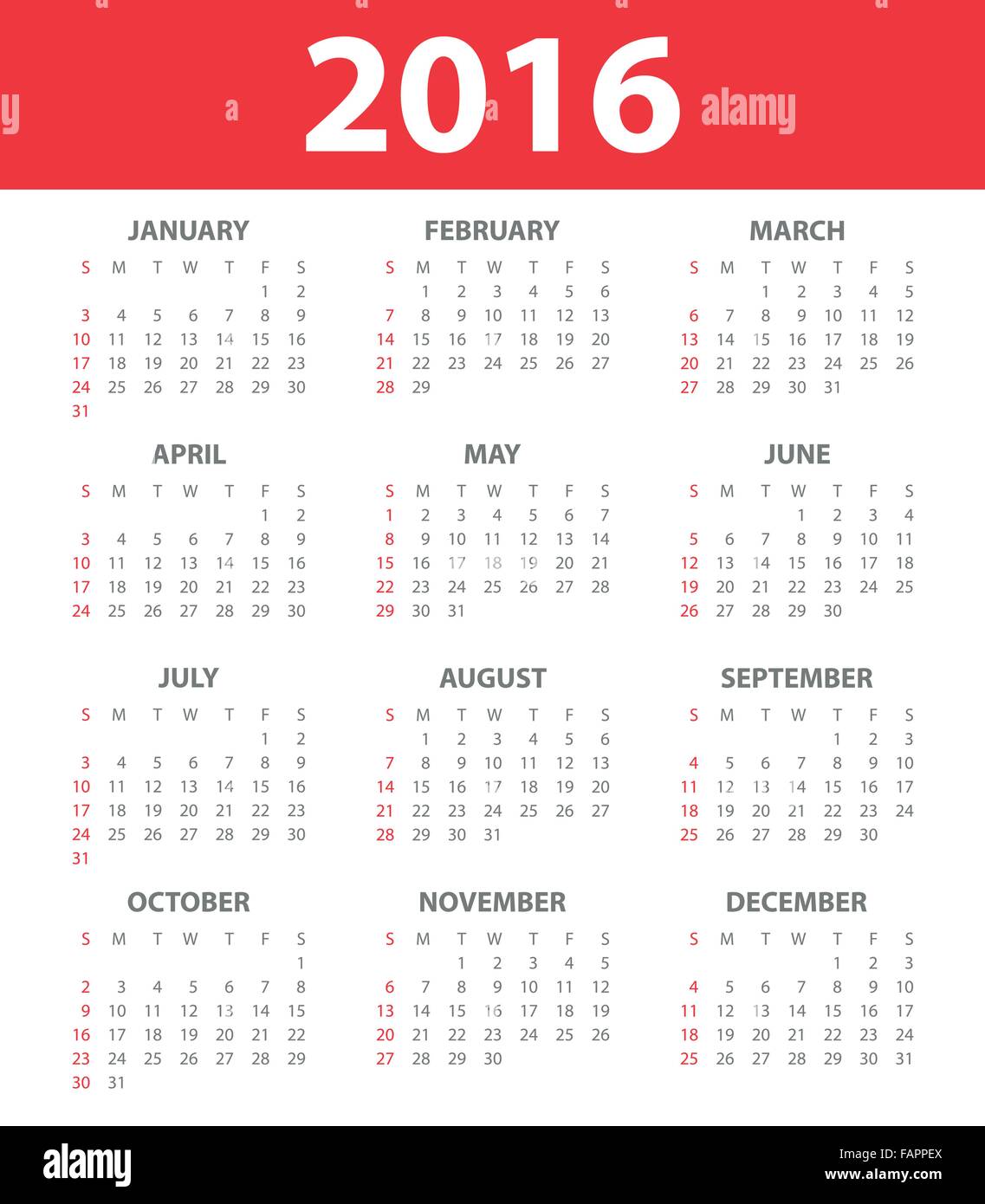 Calendar for the year 2016 Stock Vector Image & Art - Alamy