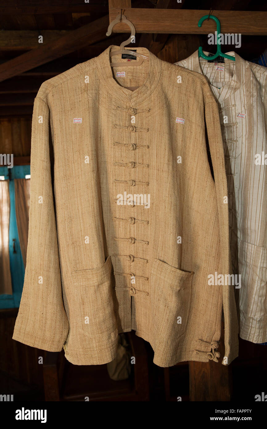 A jacket woven from lotus fibres at a workshop on Inle Lake in Myanmar ...