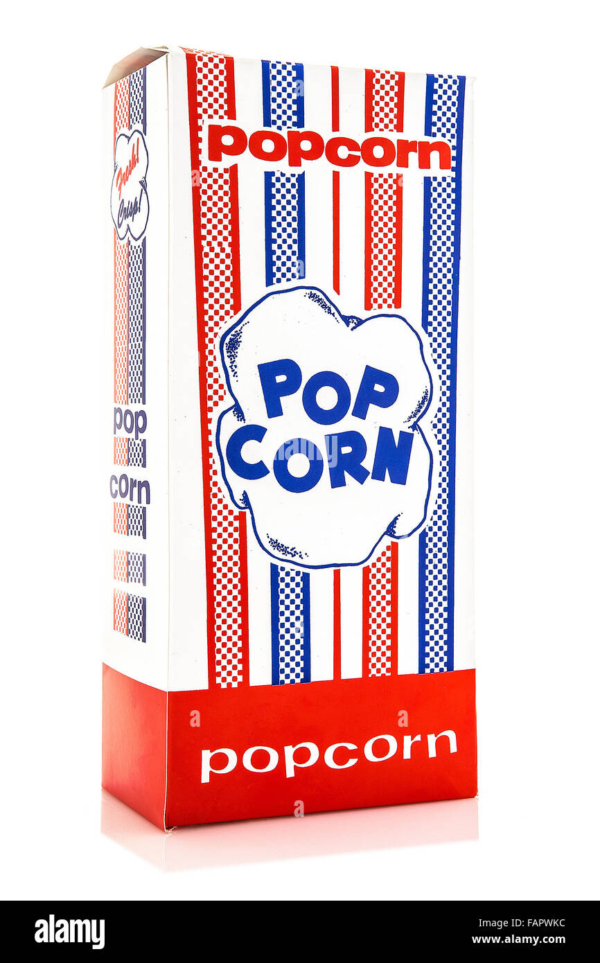 Classic box of red and white popcorn box isolated against white ...