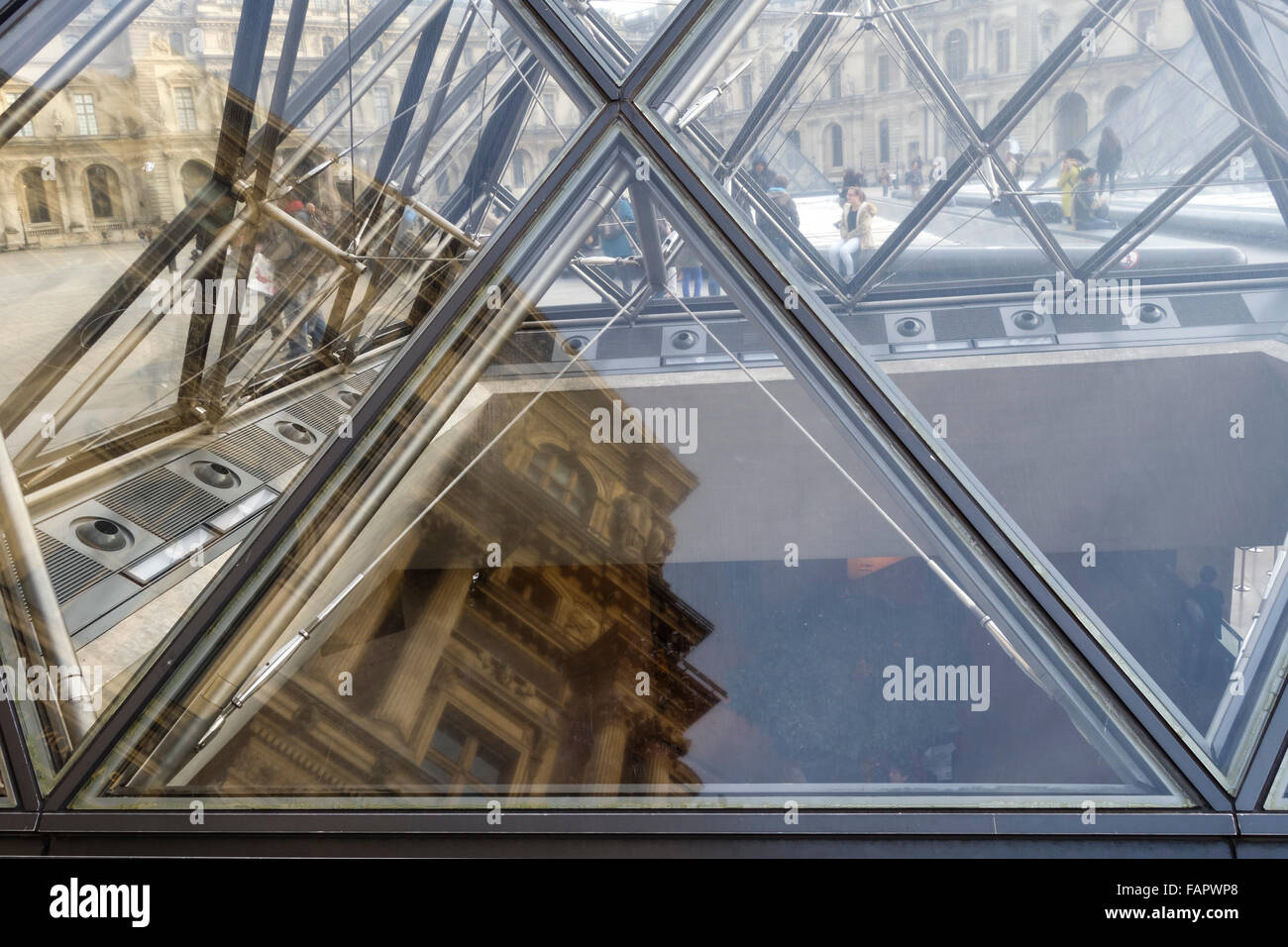 Louvre Museum and Palace detail of glass Pyramid in Paris, France Stock ...