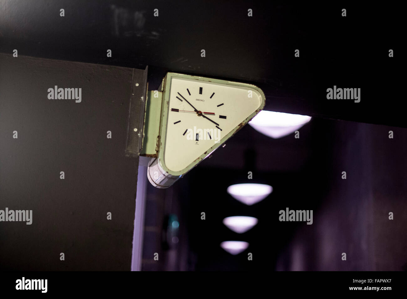 Corner clock detail in the Ace Hotel, Shoreditch, London Stock Photo ...