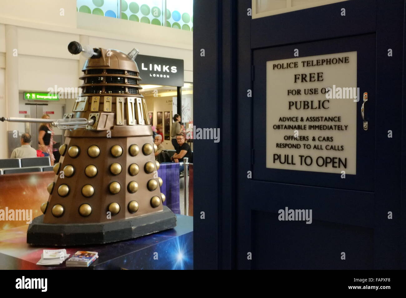 Dalek and TARDIS models at Heathrow Airport in London Stock Photo - Alamy