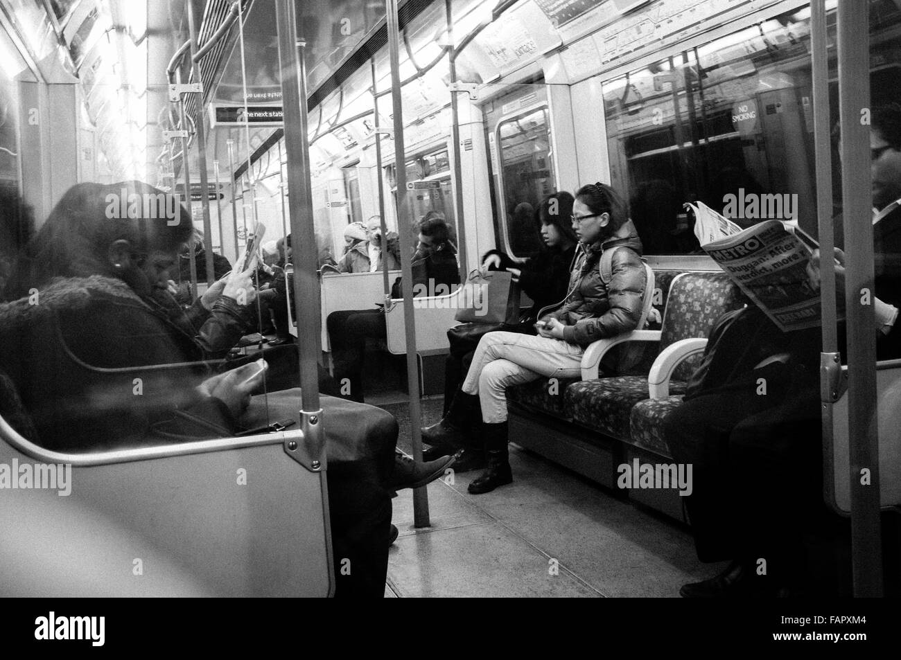 Morning commuters inside District Line carriage on the London ...