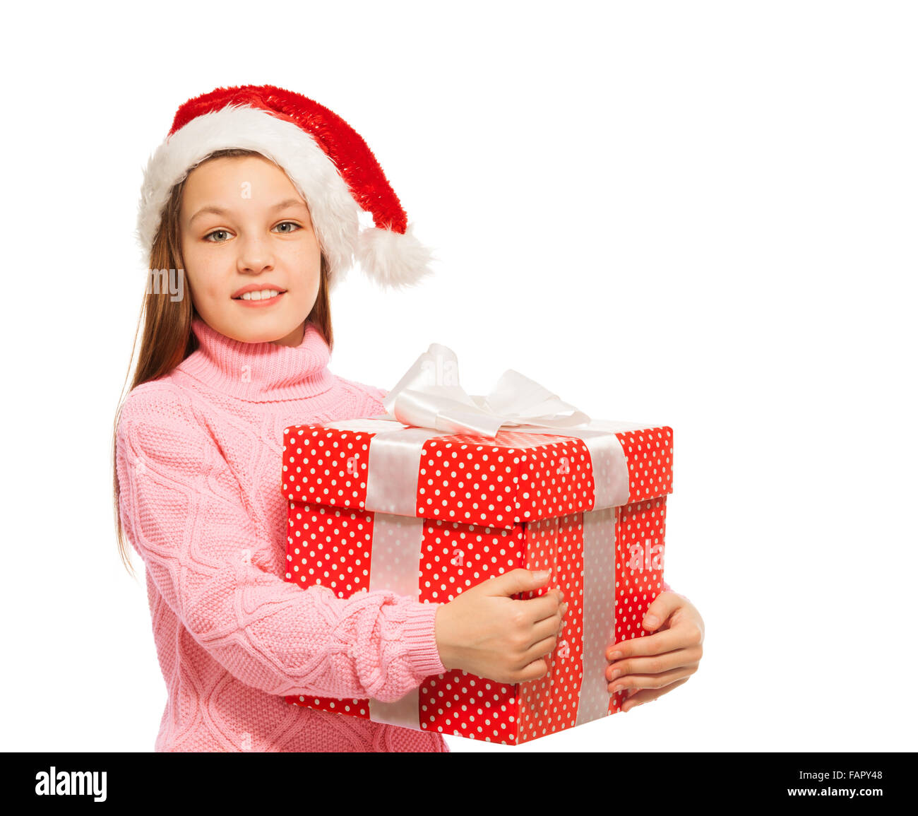 Beautiful girl with big red present for Christmas Stock Photo - Alamy