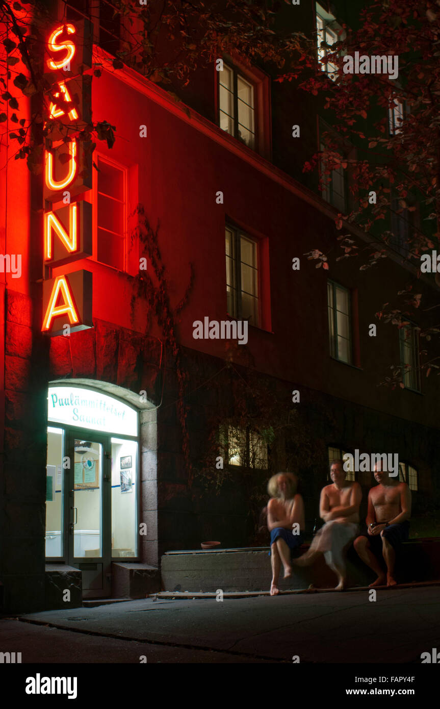 LUMINOUS SIGN FOR THE KOTIHARJU SAUNA AT NIGHT HELSINKI FINLAND EUROPE ...