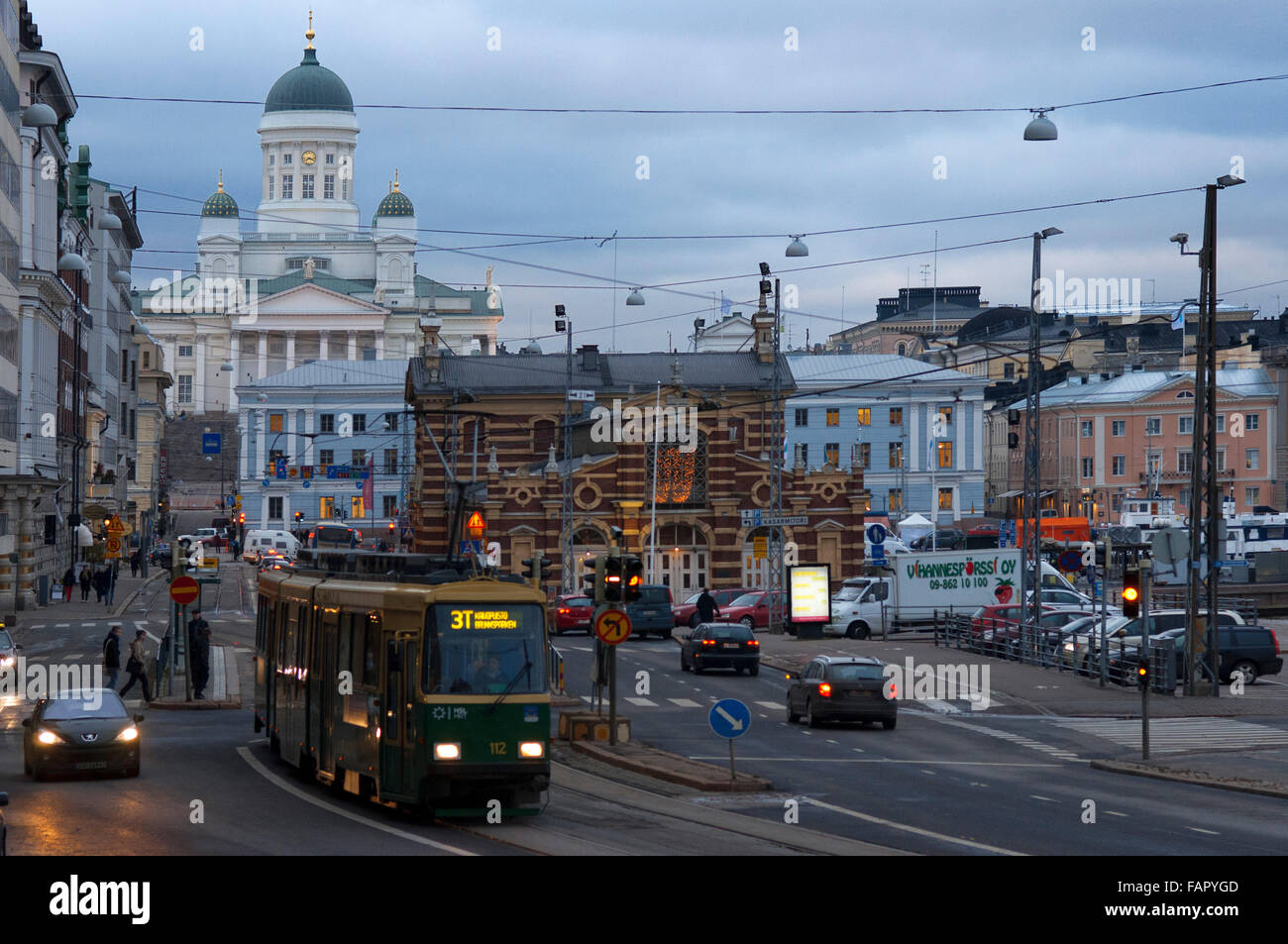 General view of the Helsinki city with the tram, market, and the ...