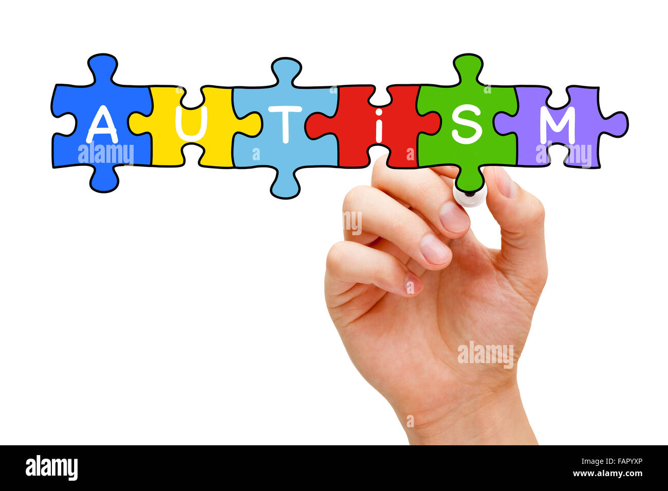 Hand drawing Autism puzzle concept with marker on transparent wipe ...