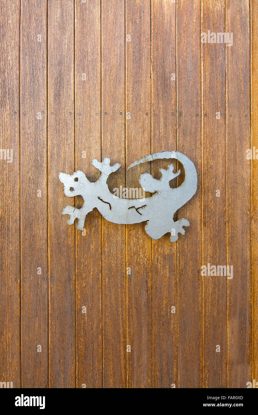 Lizard sculpture on wooden door Stock Photo - Alamy