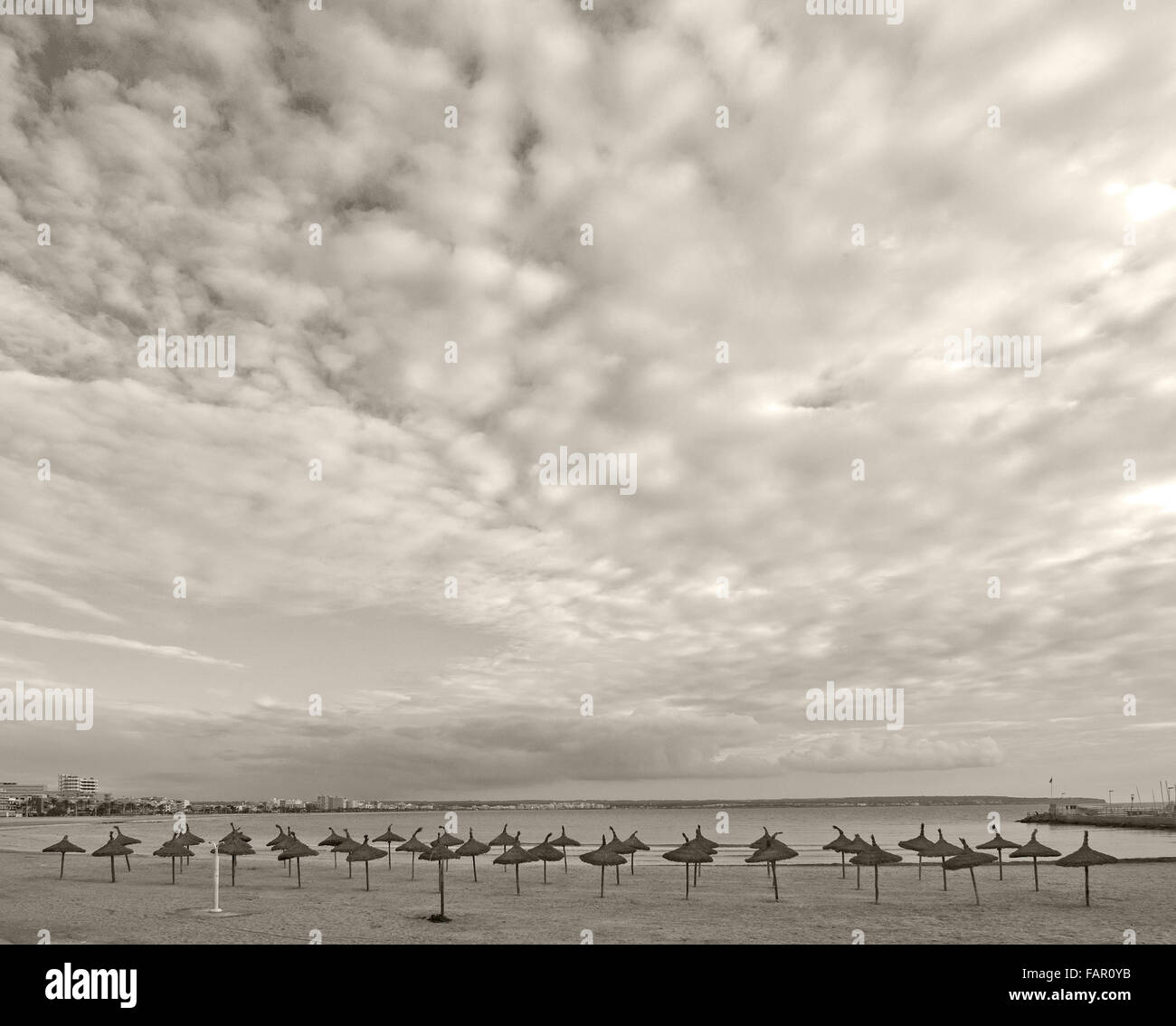 Parasols on winter beach in vintage retro monotone color in Mallorca ...