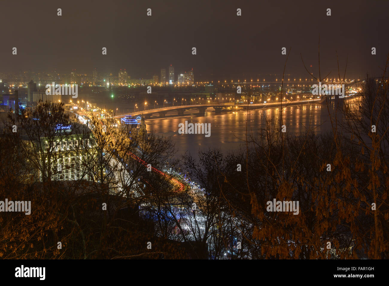 View on the night Kyiv and the Dnipro River in the winter. Ukraine ...