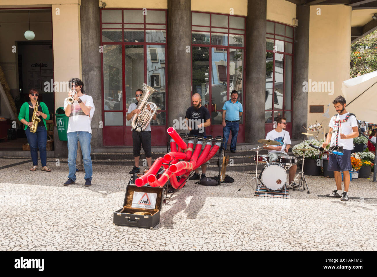 Madeira - capital city Funchal. Busking band with camachophones Stock ...