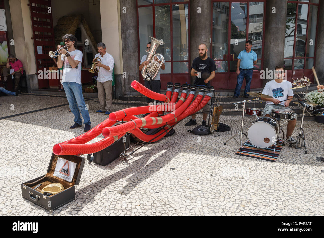 Madeira - capital city Funchal. Market busking band with camacophone ...
