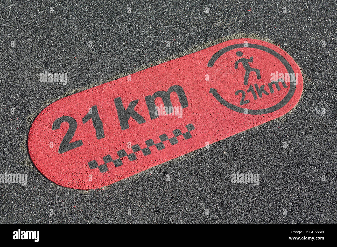 A sign for a 21km running trail by the River Meuse in Rotterdam, the ...