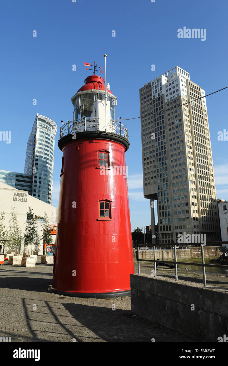 A red lighthouse by the Maritime Museum in Rotterdam, the Netherlands ...