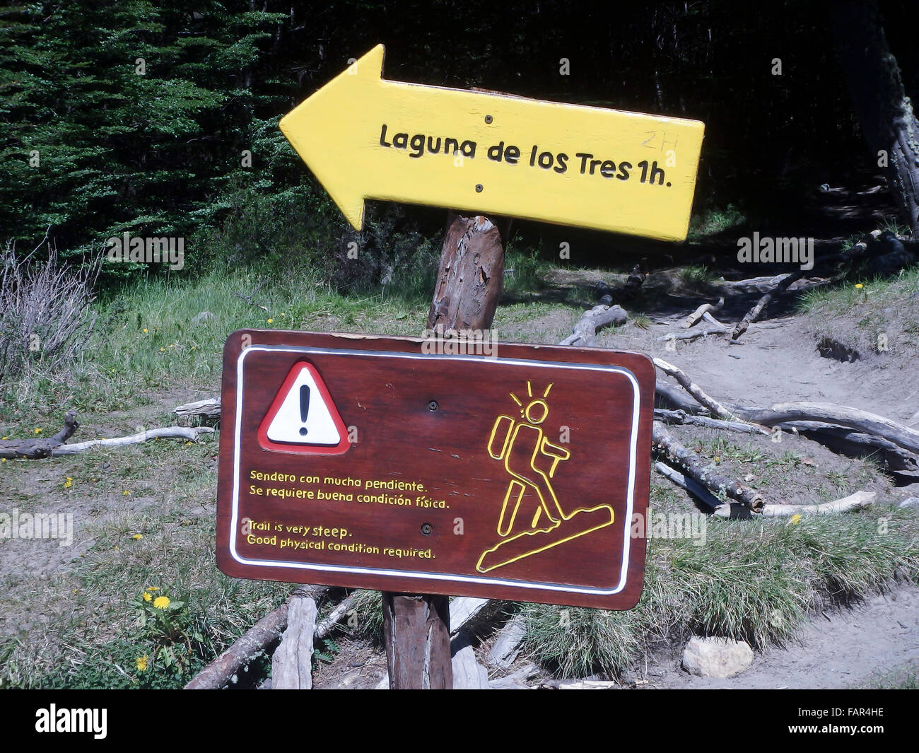 Hazard, steep climb signage on trailhead in Los Glaciares National Park ...