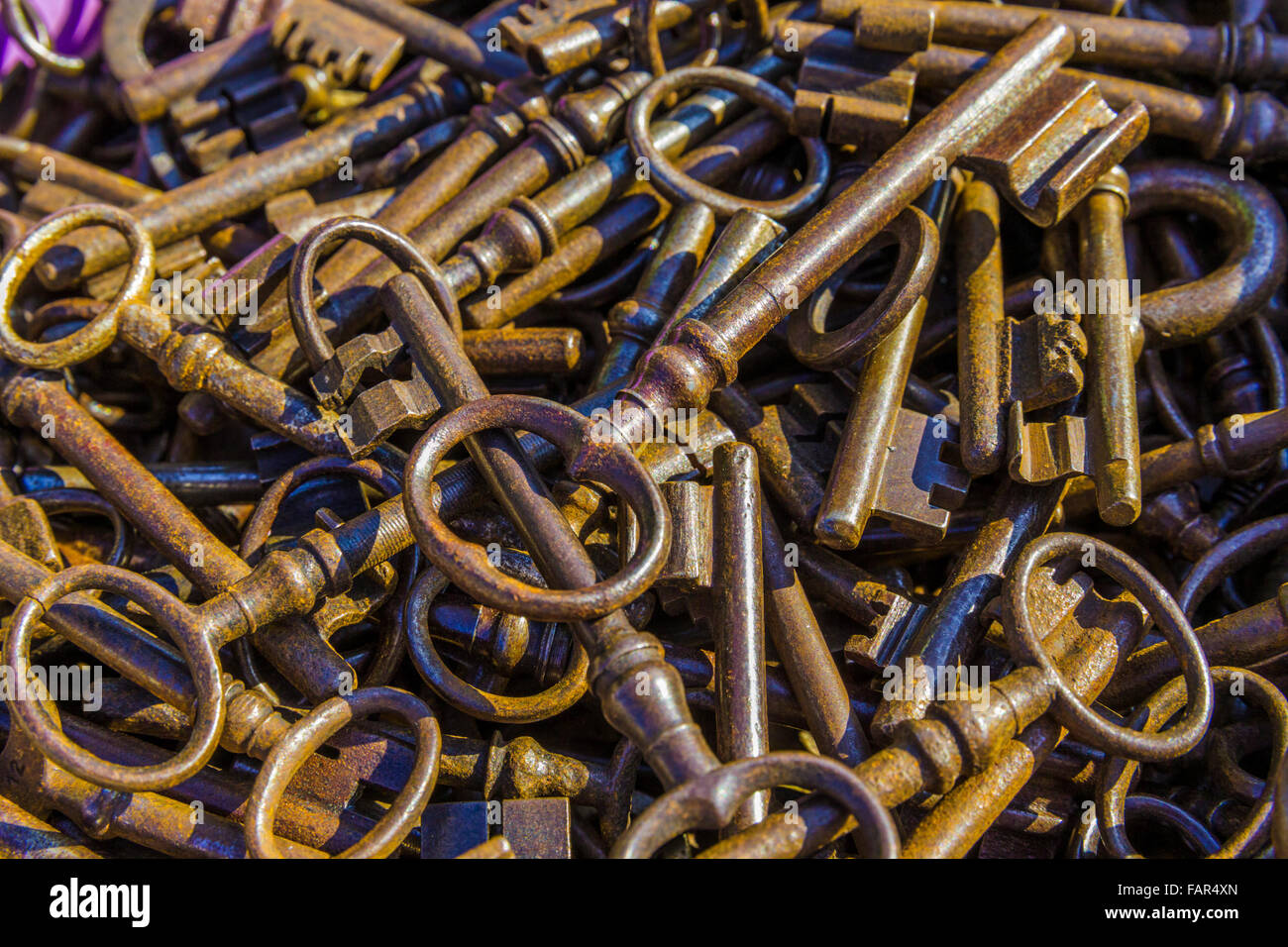 collectible antique keys in outdoor antique market, Provence, France ...