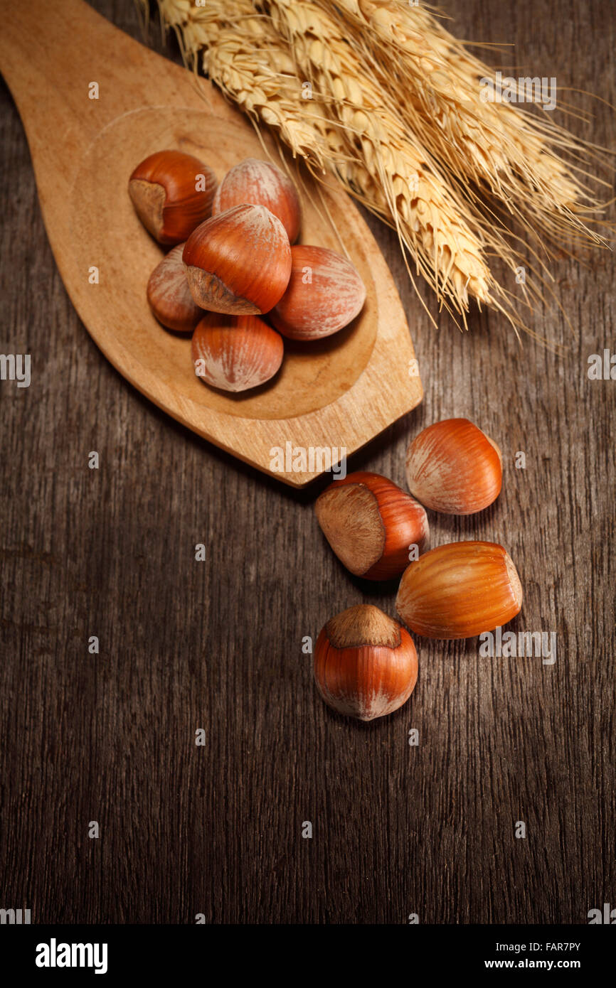 Hazelnuts with wooden spoon and wheat on table Stock Photo - Alamy