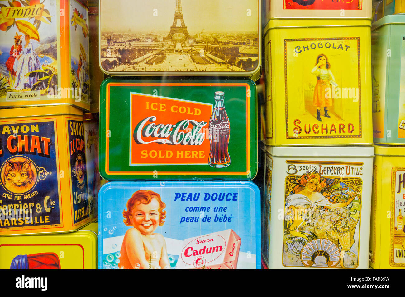 collector gift tins in store window, Paris Stock Photo - Alamy