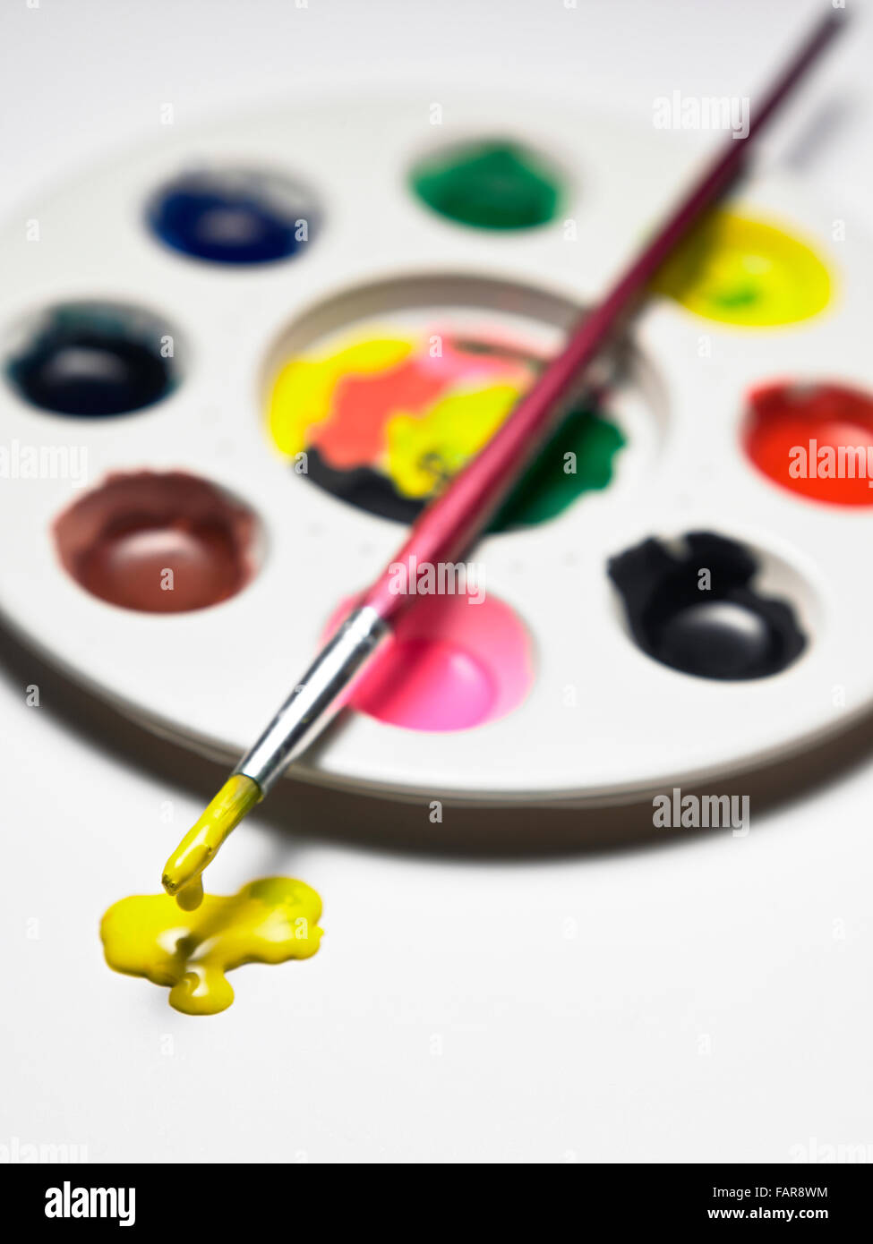 close up of the paint brush on the color palette Stock Photo - Alamy
