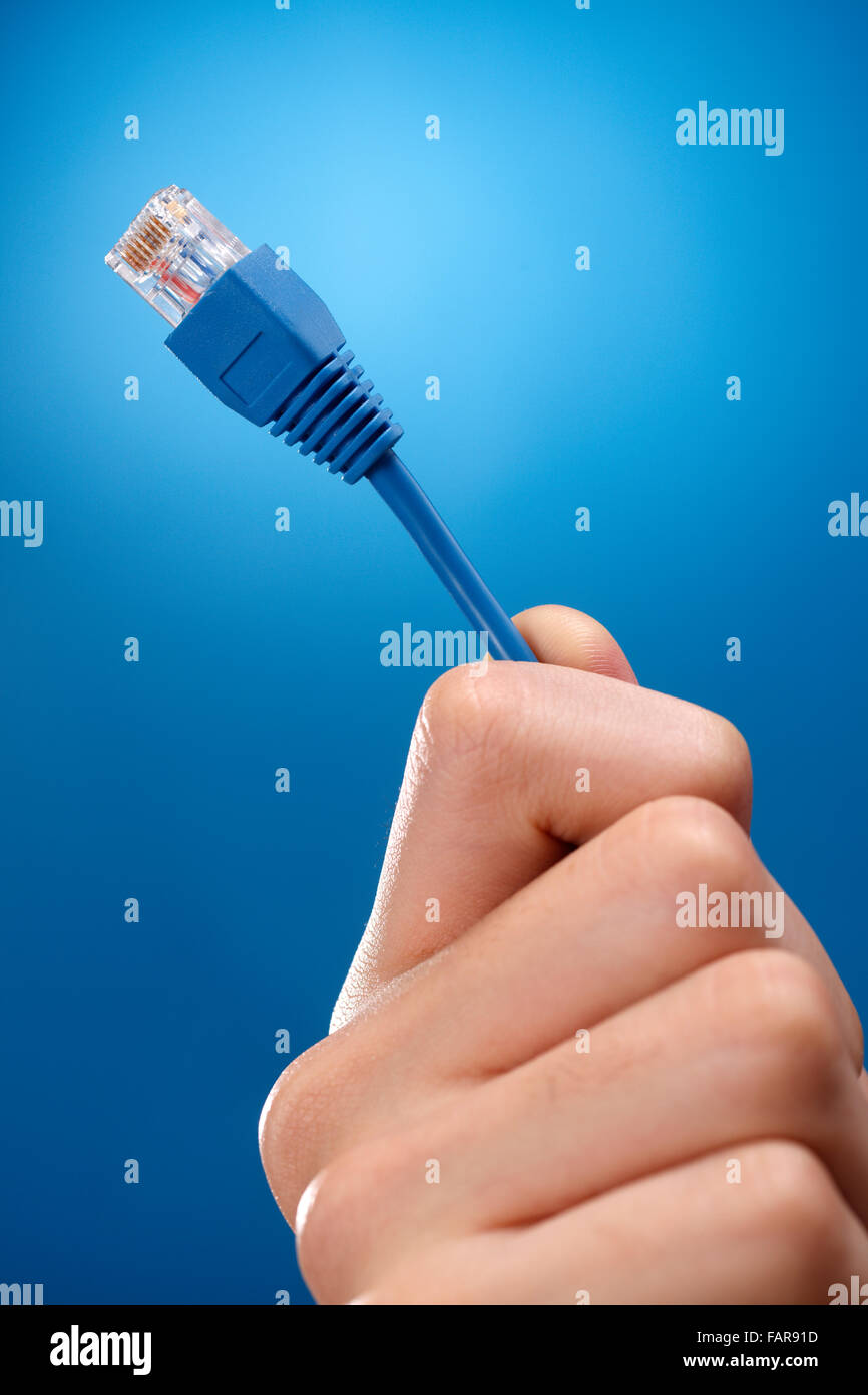 Human hand holding an Internet connection cable Stock Photo - Alamy