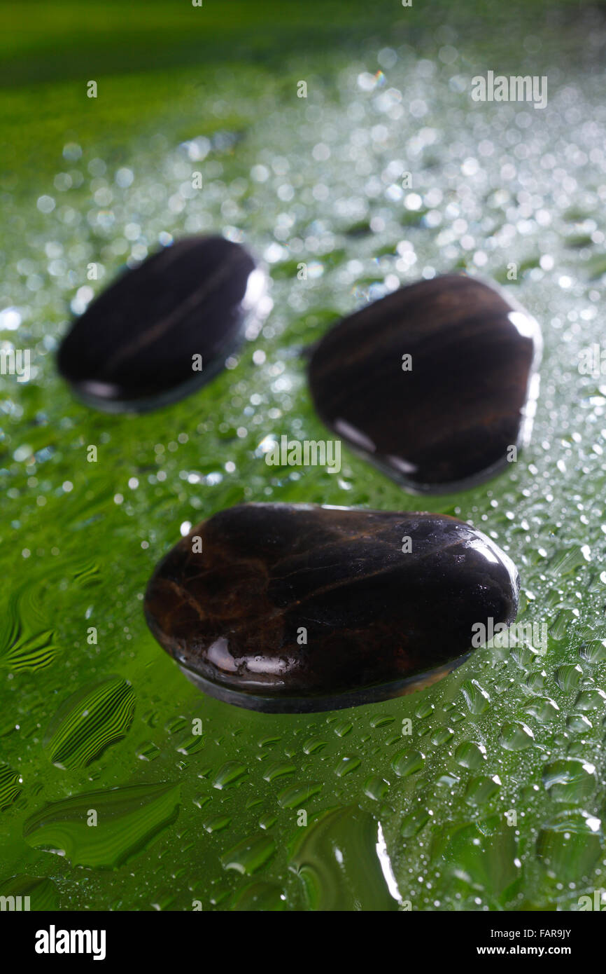 wet hotstones on green leaf Stock Photo - Alamy