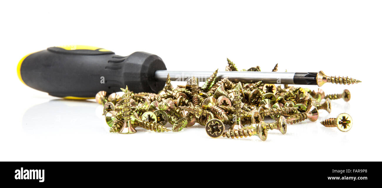 Wood screws with cross head screwdriver on a white background Stock ...