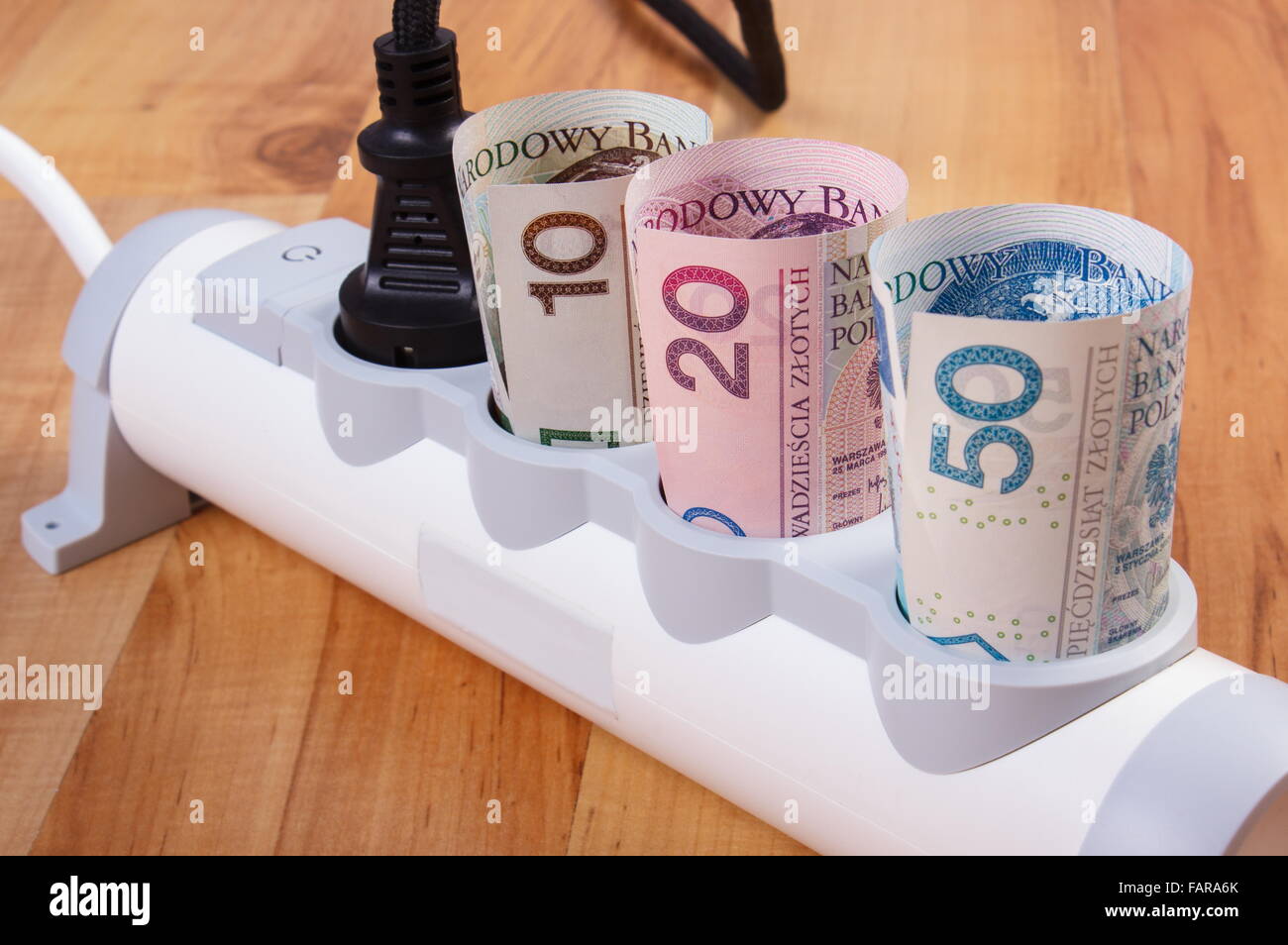 Rolls of polish currency money in electrical extension with connected ...