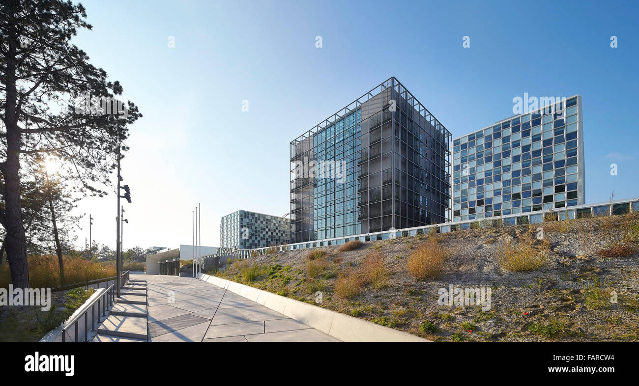 Oblique elevation of ICC complex with landscaped dunes and walkway ...