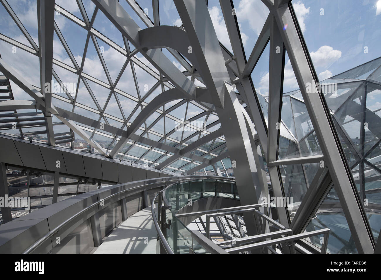 Spiral ramp with metal glass structure. Musée des Confluences, Lyon ...