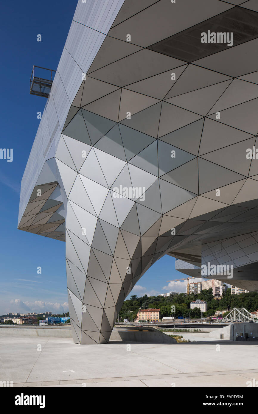 Detail of outdoor terrace and building soffit. Musée des Confluences ...