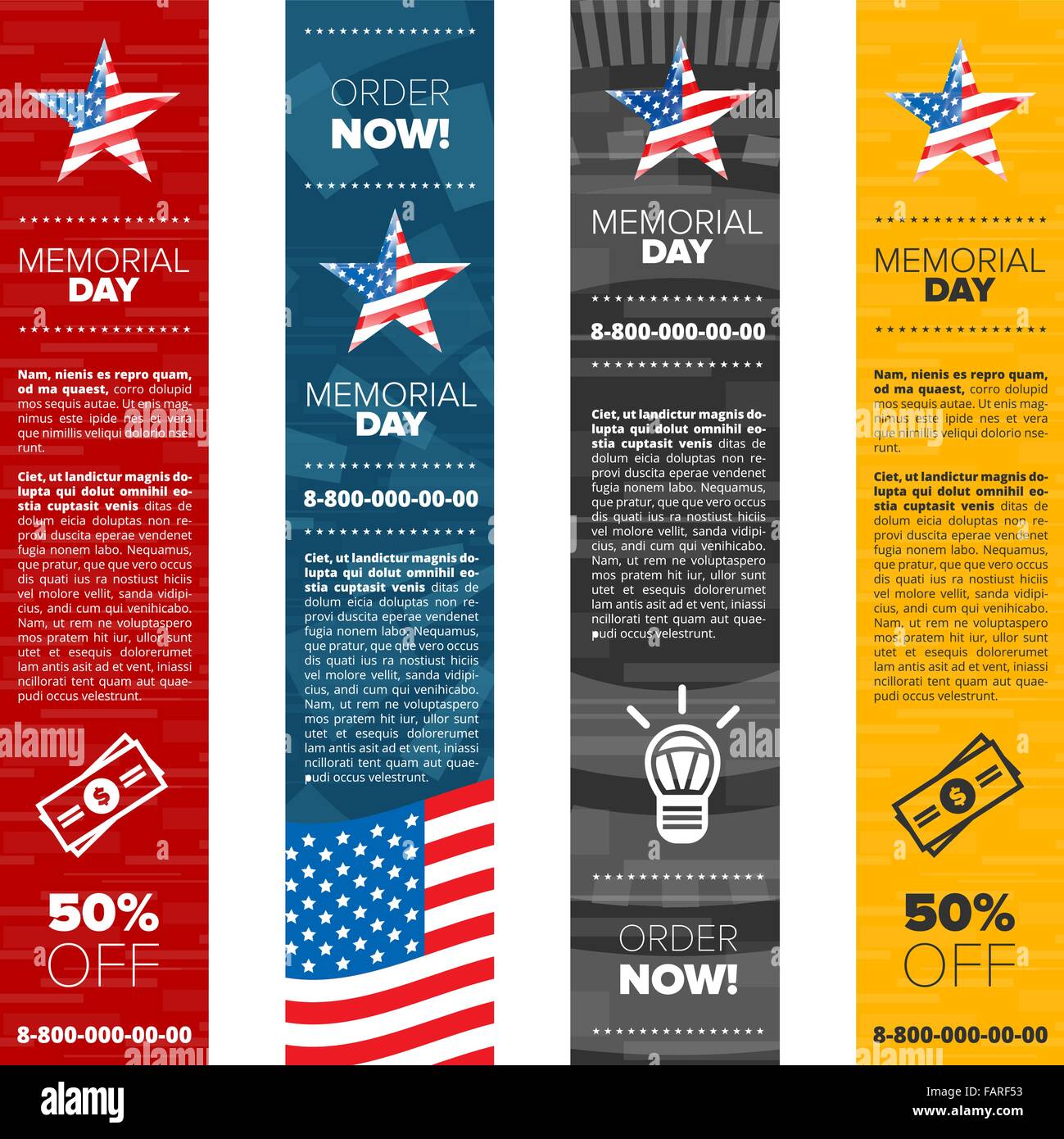 vertical memorial day banner set with icons and sample text Stock ...