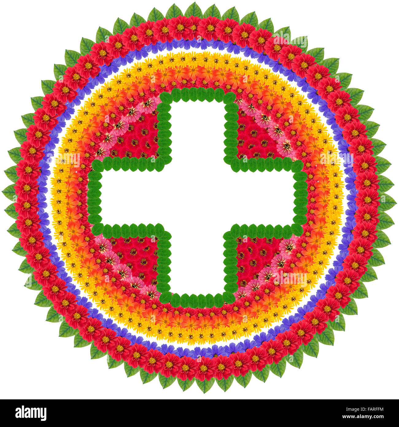 Simple symmetric cross in floral circles. Abstract isolated handmade ...