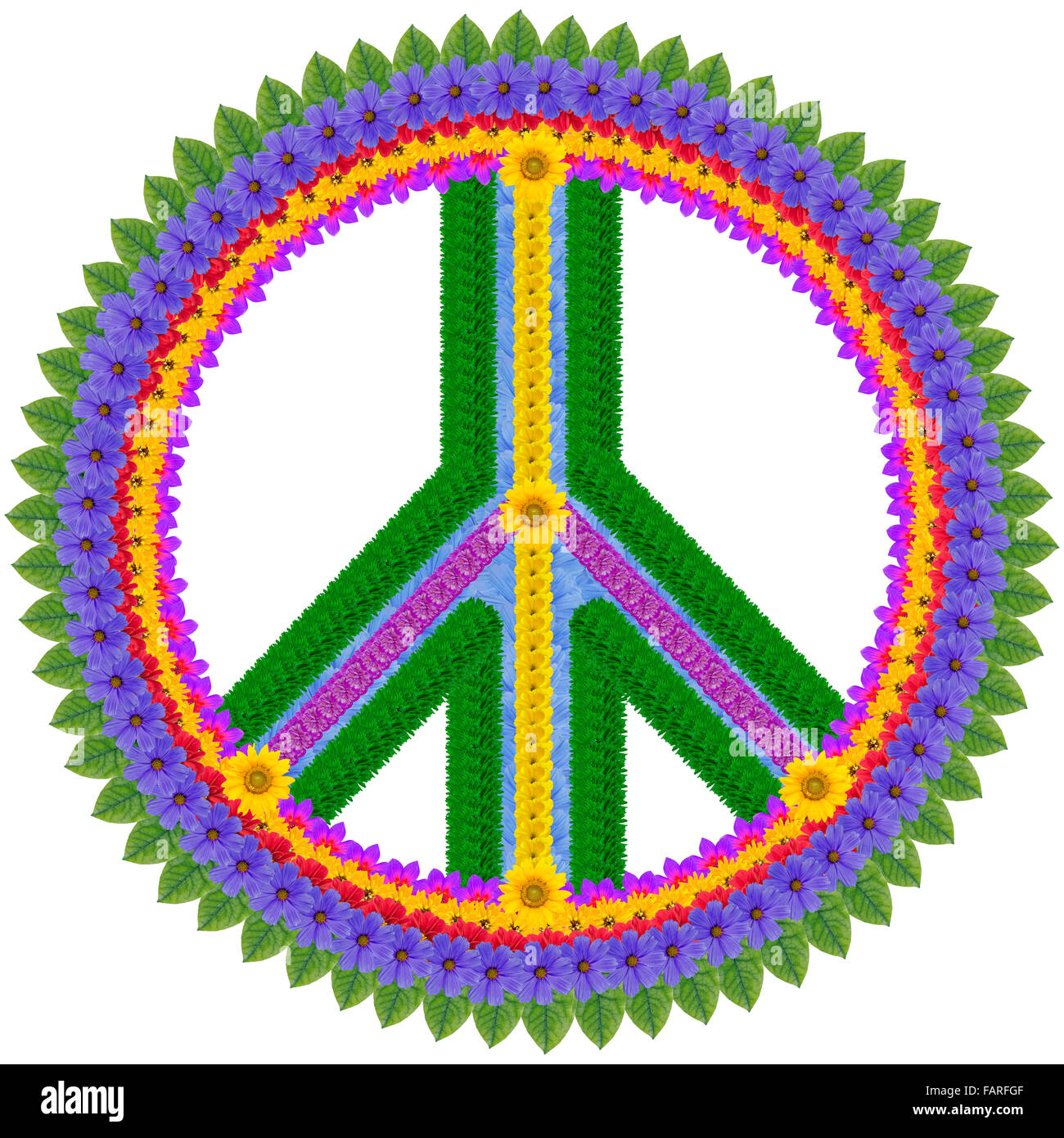 Green Sun Peace floral sign in leaves and plants circles. Abstract ...