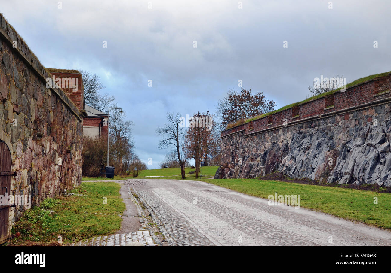 Stone winter cobble rustic street in a retro Finland northern style ...