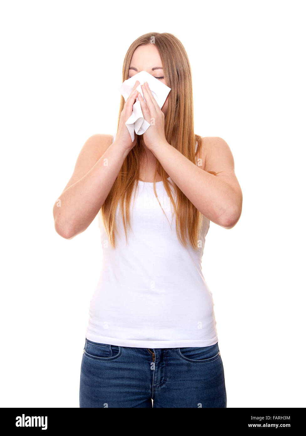 Attractive young woman using tissue. All on white background Stock ...