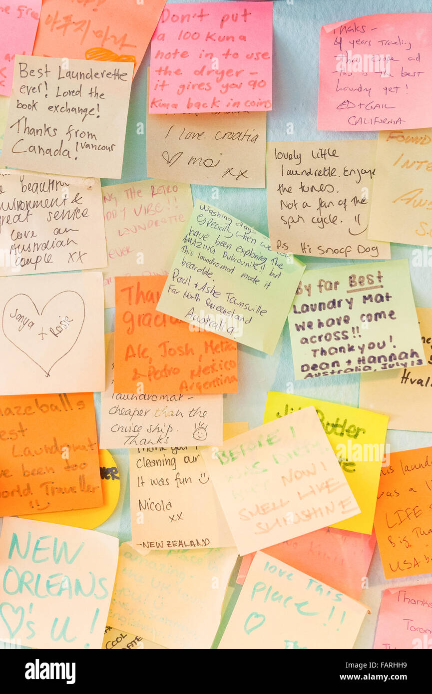 Post it notes with feedback and comments from customers at a laundromat ...
