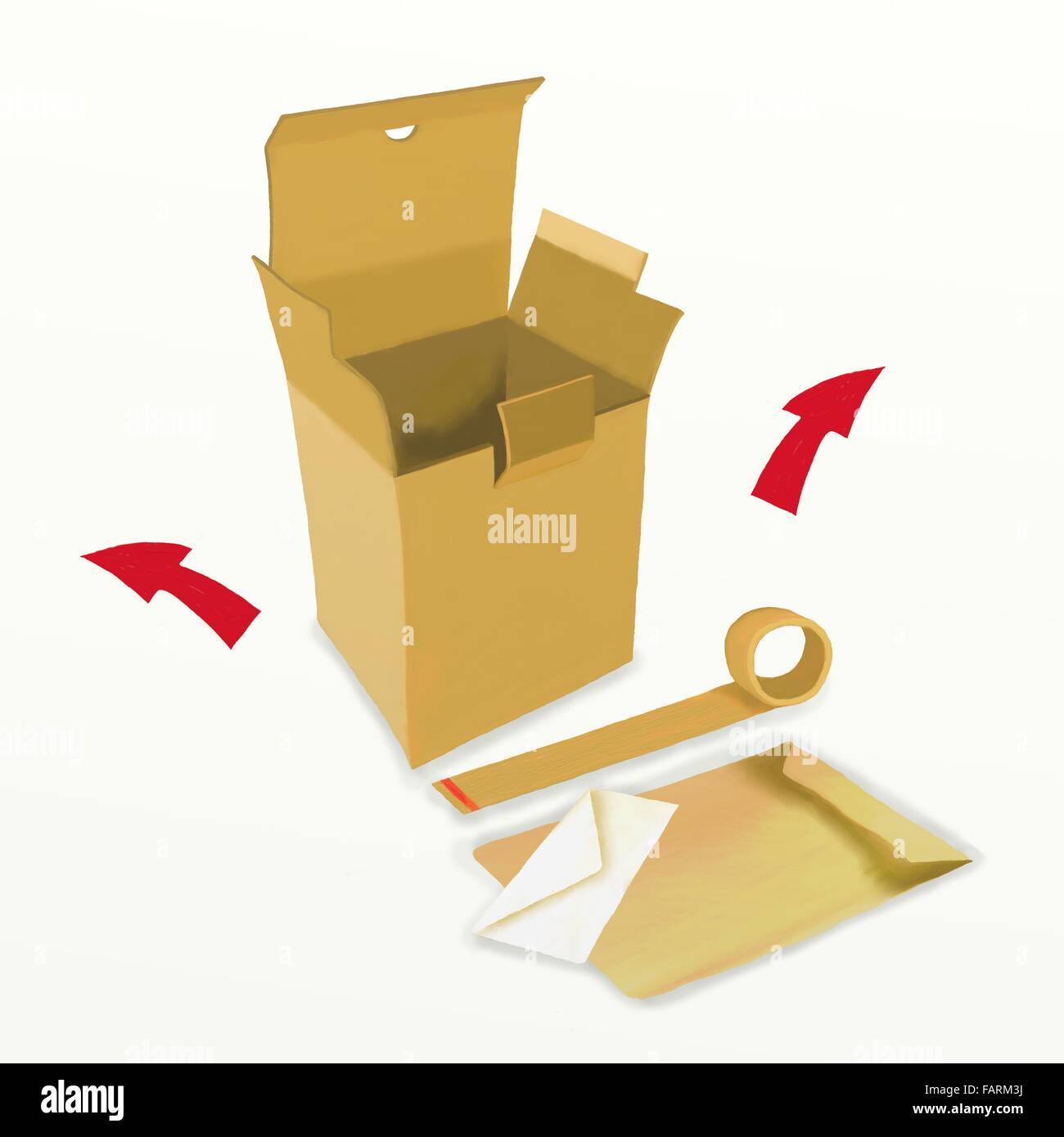 Cardboard boxes and Packing items with movement arrows Stock Photo - Alamy