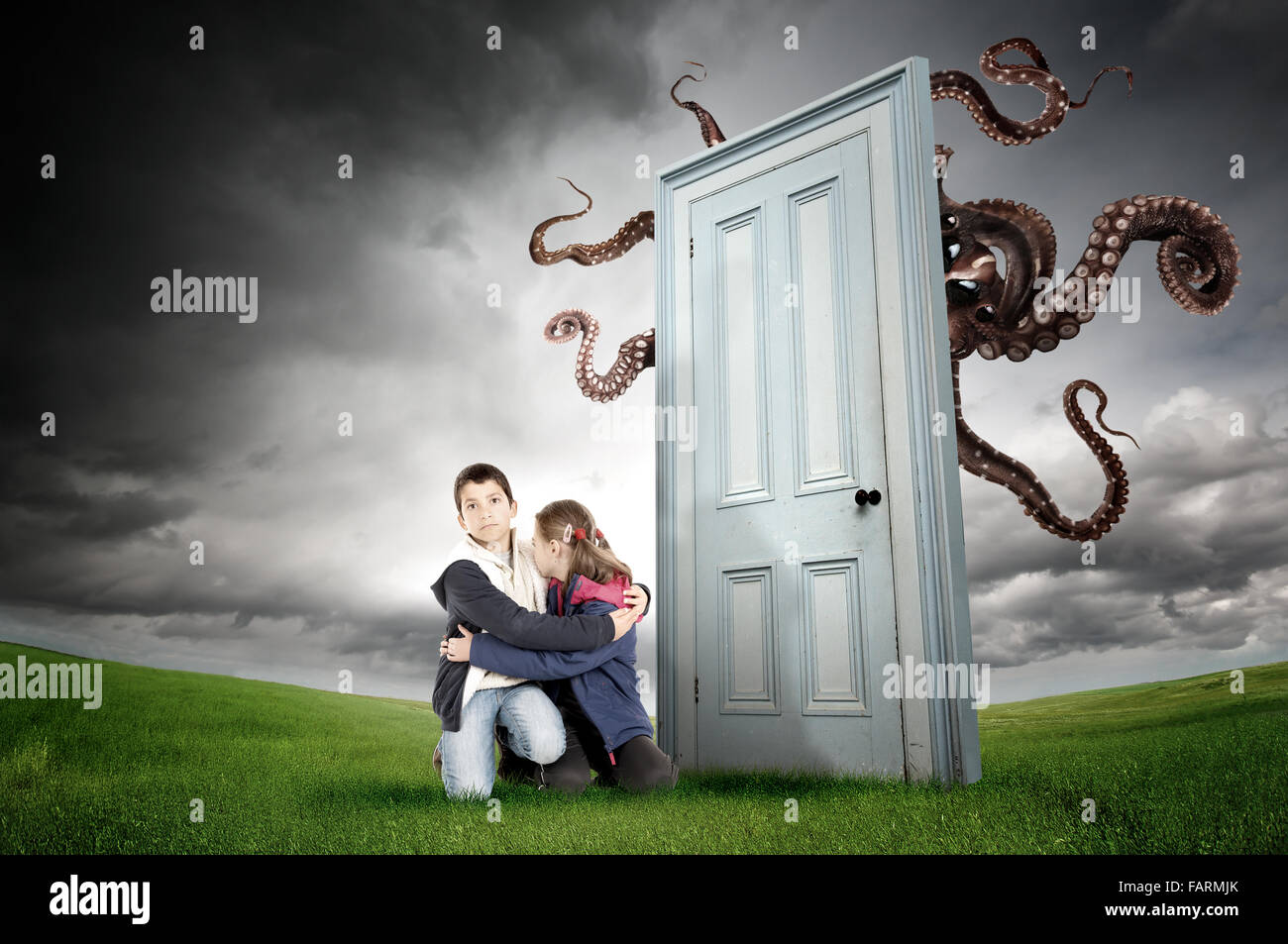 Young boy and girl fearing a monster behind a door Stock Photo - Alamy
