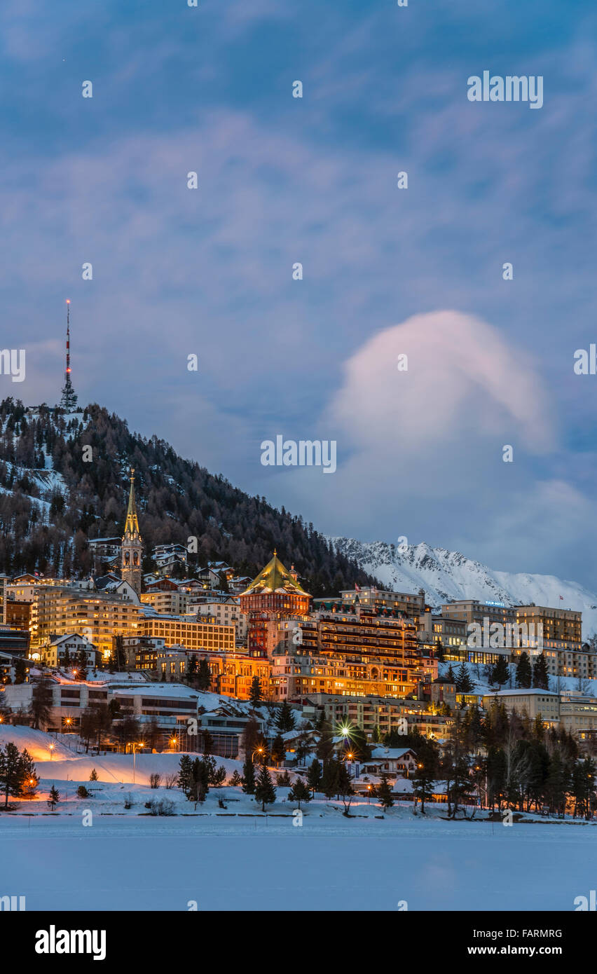 Night image of St.Moritz Village and Lake St.Moritz, Switzerland Stock ...