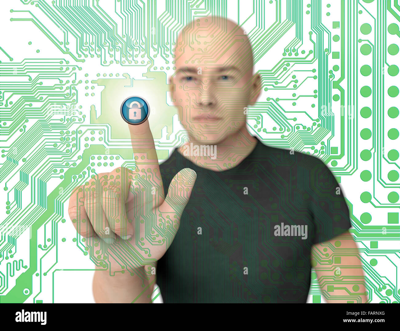man pressing virtual computer screen with padlock Stock Photo - Alamy