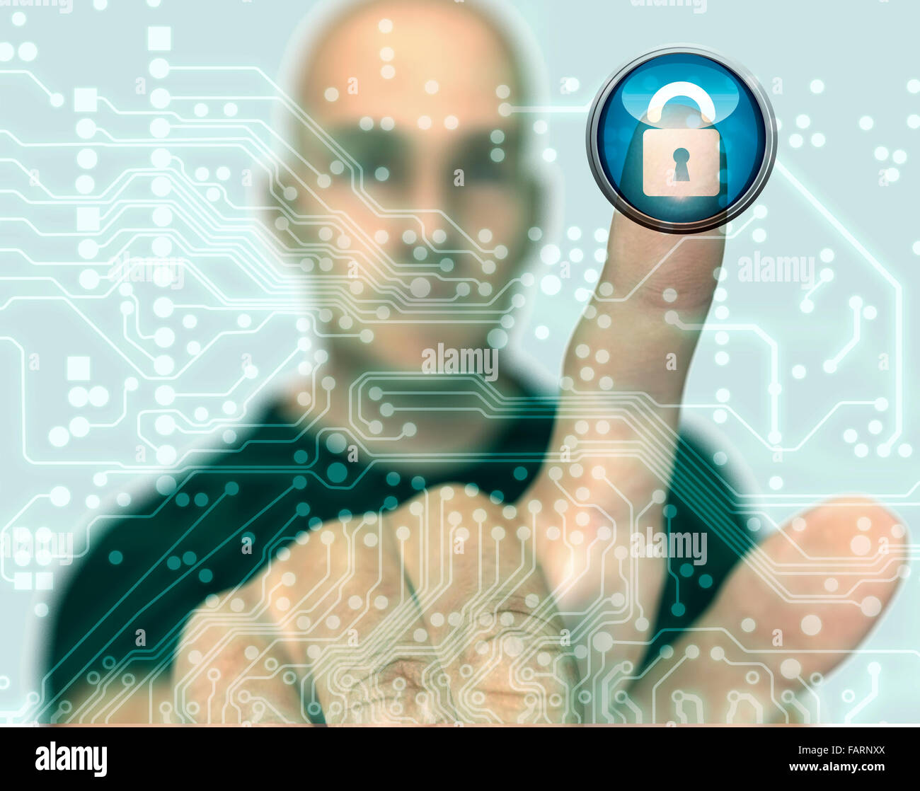 man pressing virtual computer screen with padlock Stock Photo - Alamy