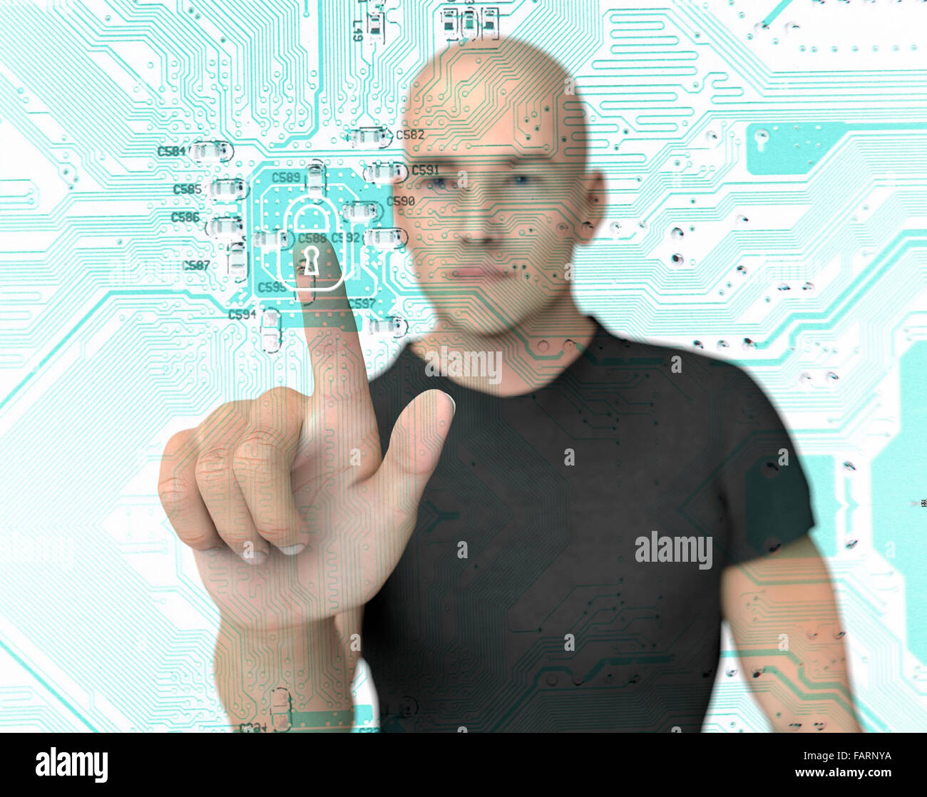man pressing virtual computer screen with padlock Stock Photo - Alamy