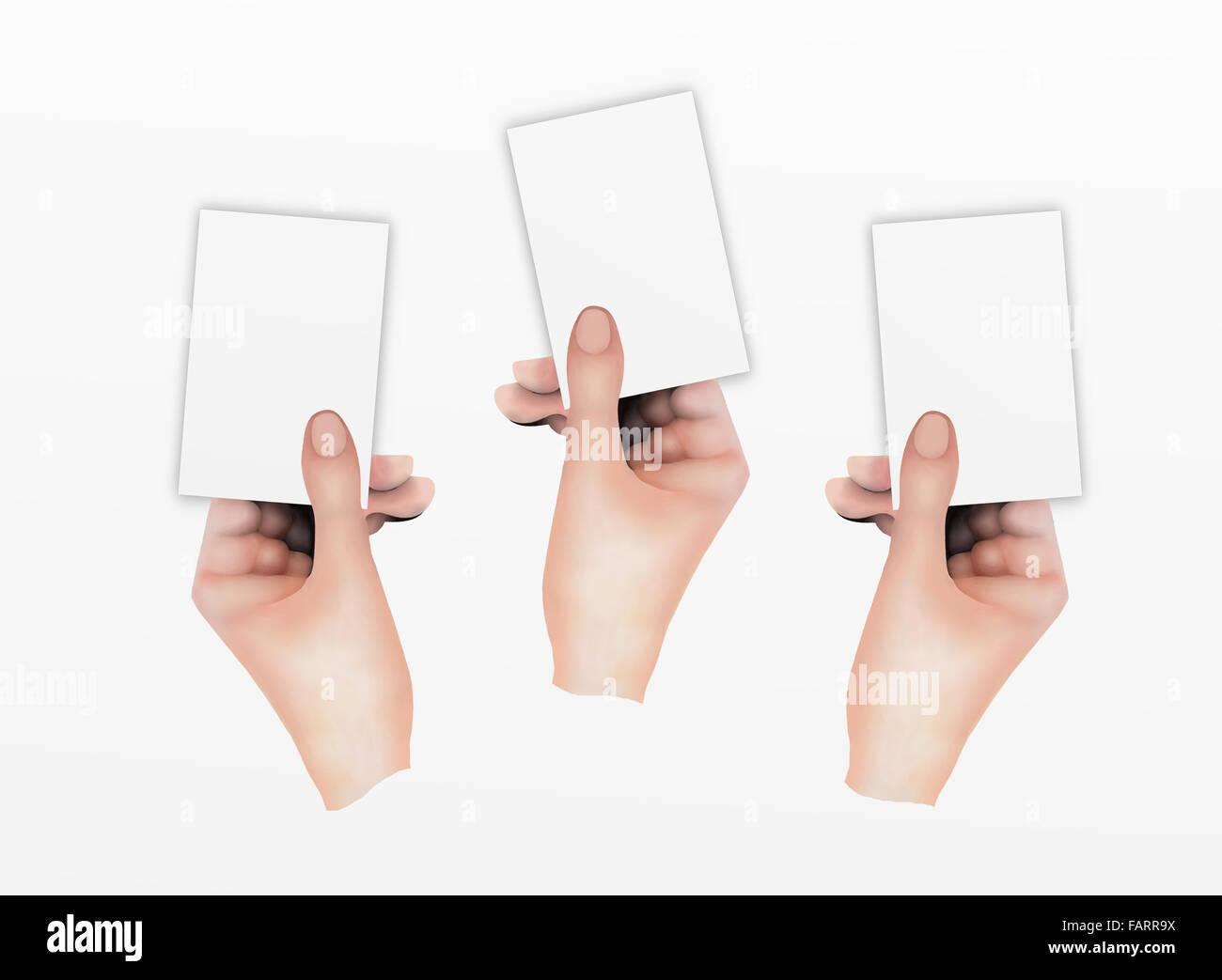 Hand Drawing, Close Up of Empty Cards in Three Businessman Hands ...
