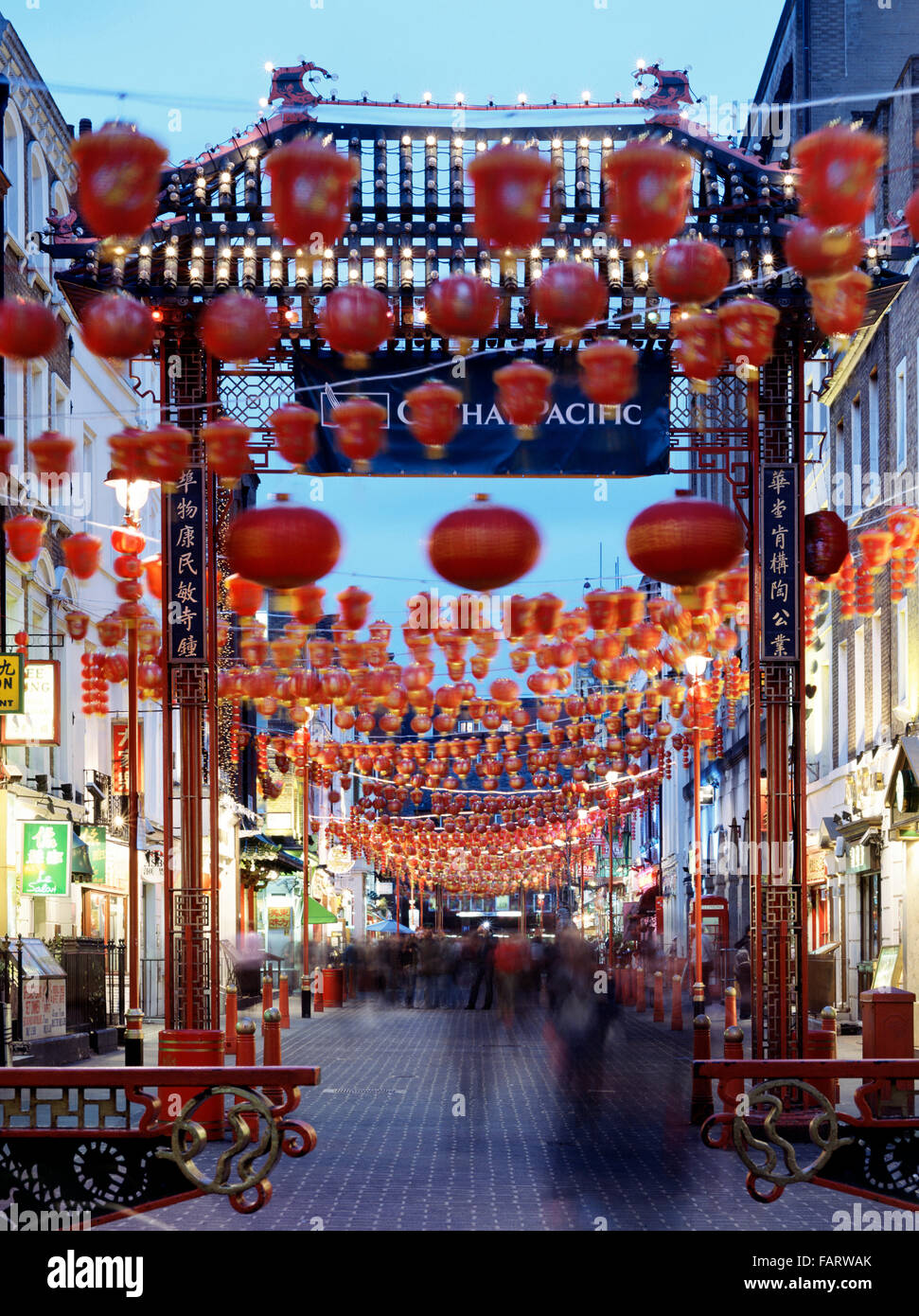 CHINATOWN, Gerrard Street, London. General view of china town at dusk showing red lanterns and ...