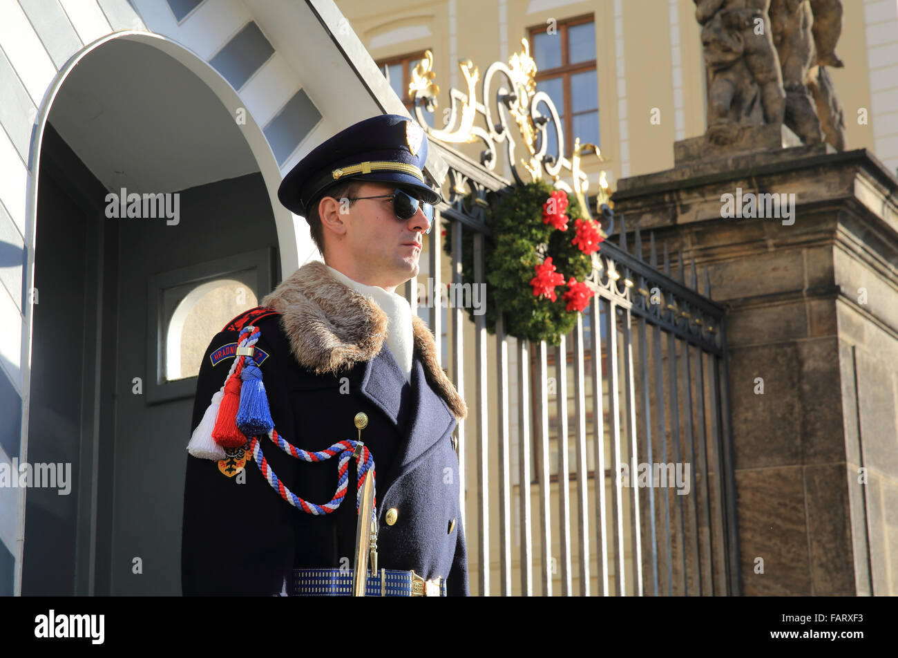 A Castle Guard stands in his sentry box outside the castle in Prague ...